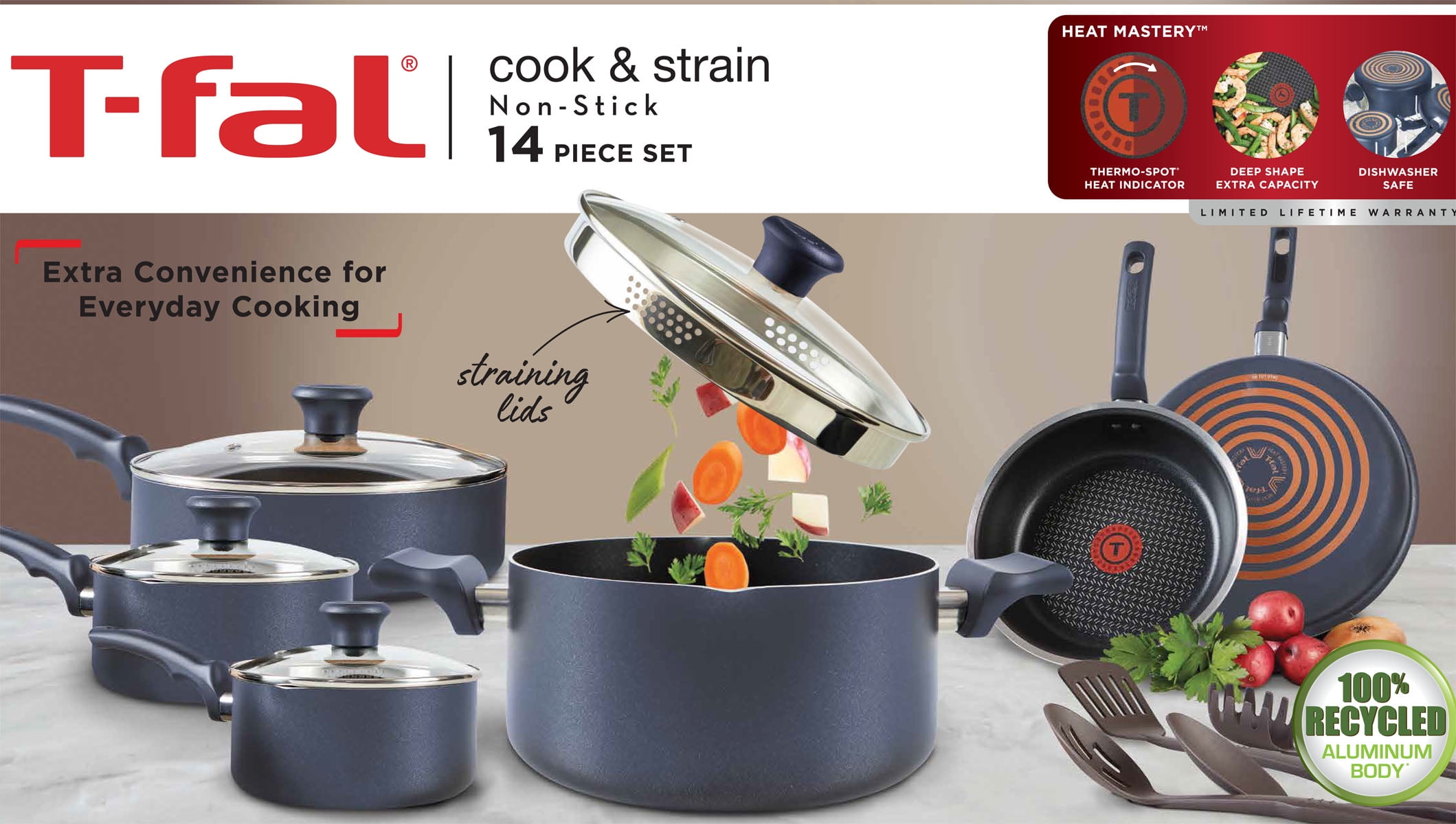T-fal Cook & Strain Non-Stick 14-Piece Cookware Set, Recycled Aluminum Body, Blue