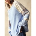 Blue Casual Knit Patchwork Round Neck Long Sleeve Loose Blouse For ...