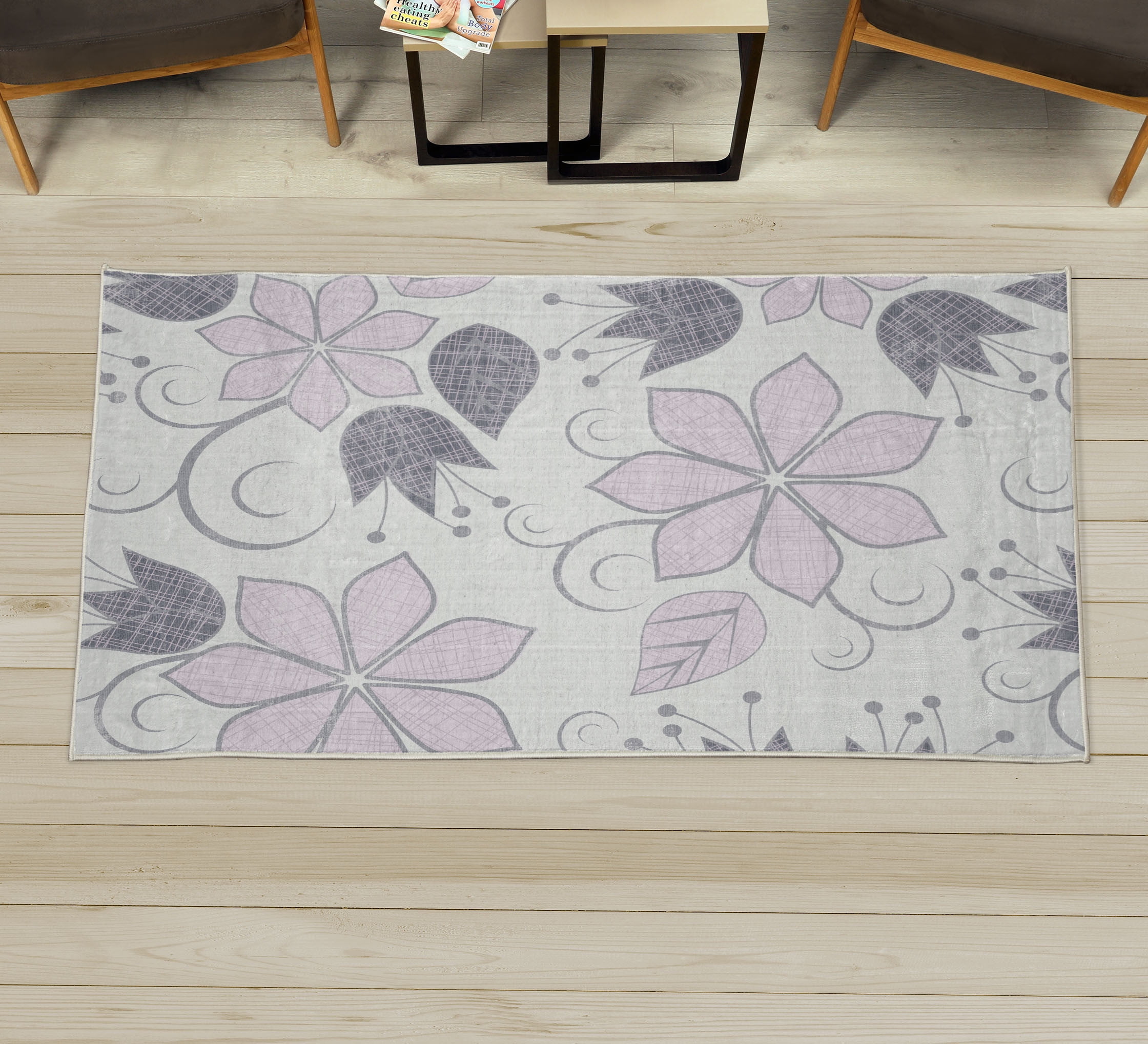 Floral Decorative Rug, Delicate Flowers with Swirling Ivy Branches ...