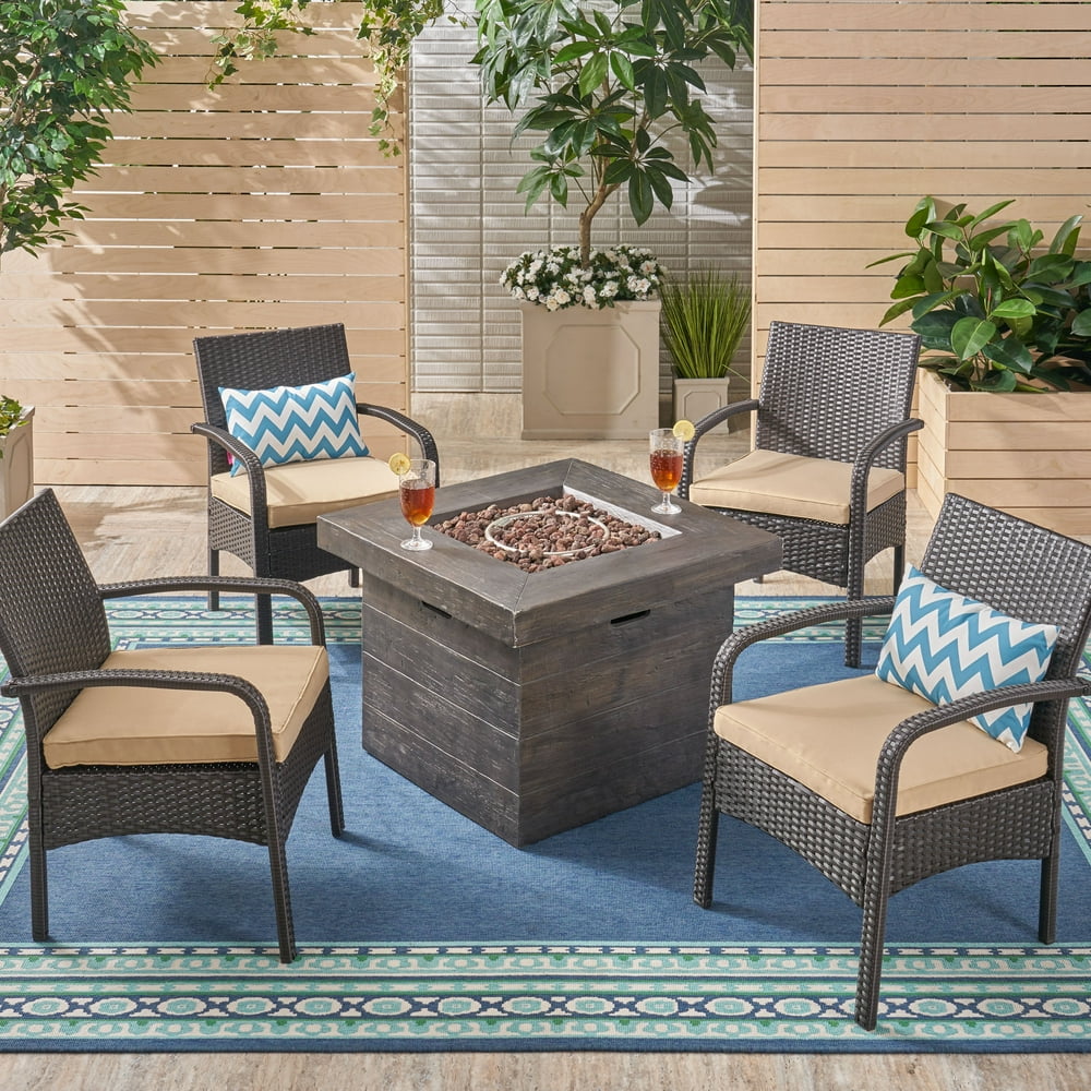 Capitan Outdoor 5 Piece Wicker Chat Set with Wood Finished Fire Pit ...