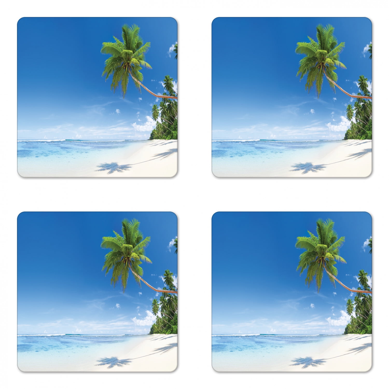 Ocean Coaster Set of 4, Tropical Beach with Palm Trees in the Ocean ...