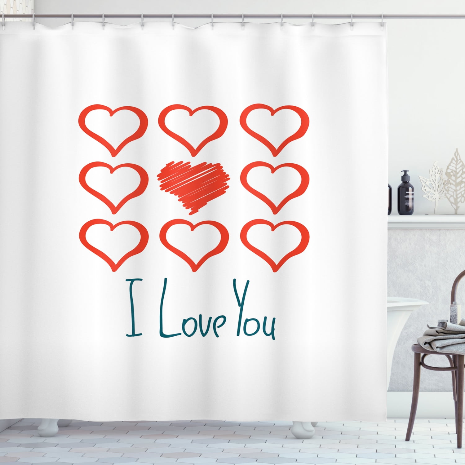 Ambesonne Romantic Shower Curtain, Scribble Red Hearts, 69"Wx84"L ...
