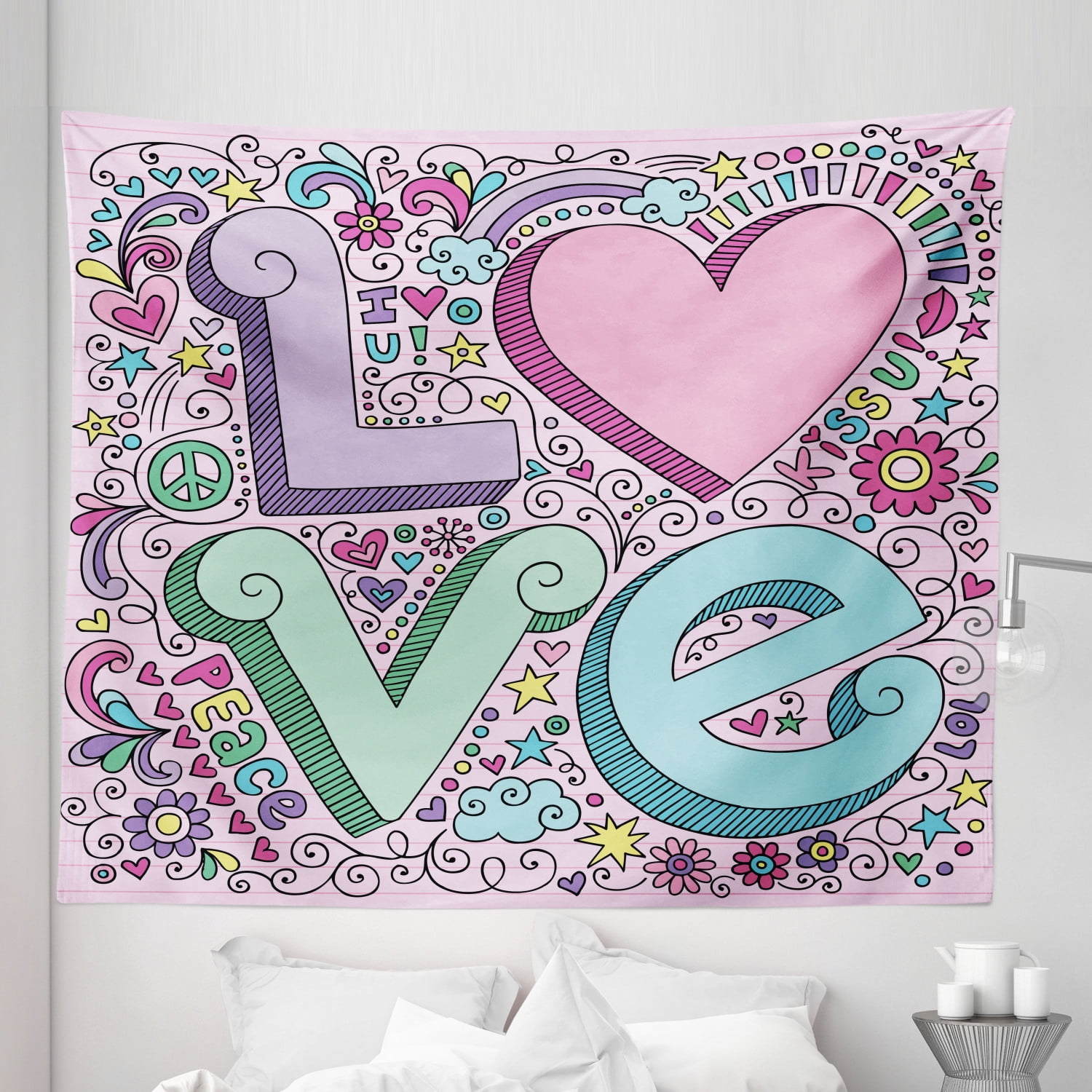 Love Tapestry, Hand Drawn 3D Love Lettering Psychedelic Goorvy Sixties ...