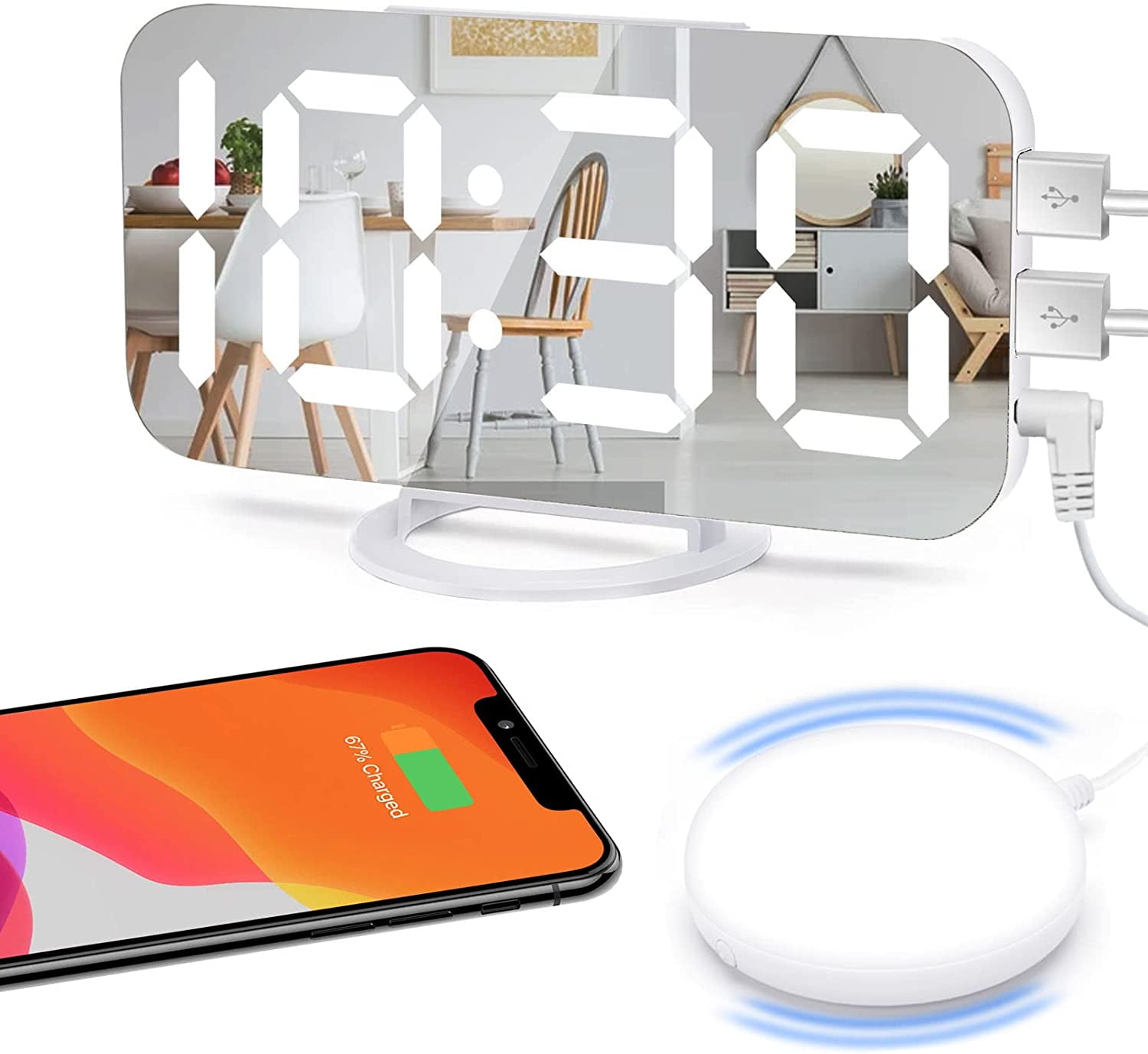 Digital Alarm Clock,Large Mirrored LED Clock,Snooze,2 USB Charger Ports ...