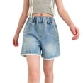 Favoffer Girls Denim Shorts Elastic High Waist Short Length Lace Trim ...