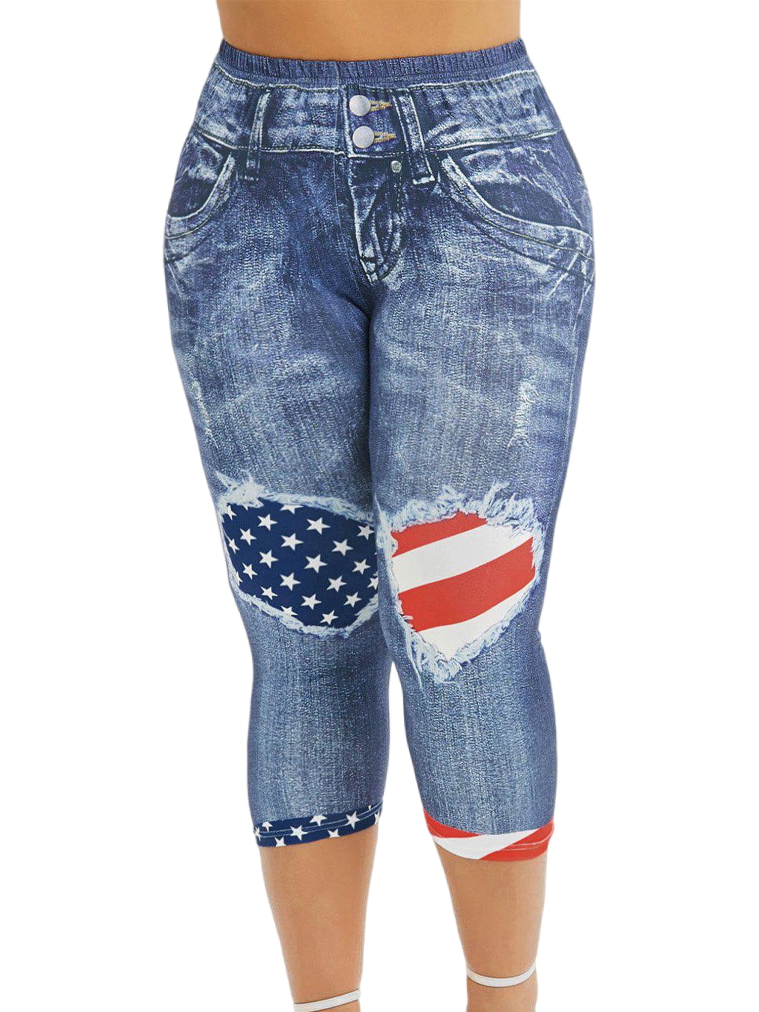 Frontwalk Plus Size Leggings For Women Tummy Control Faux Denim Capris