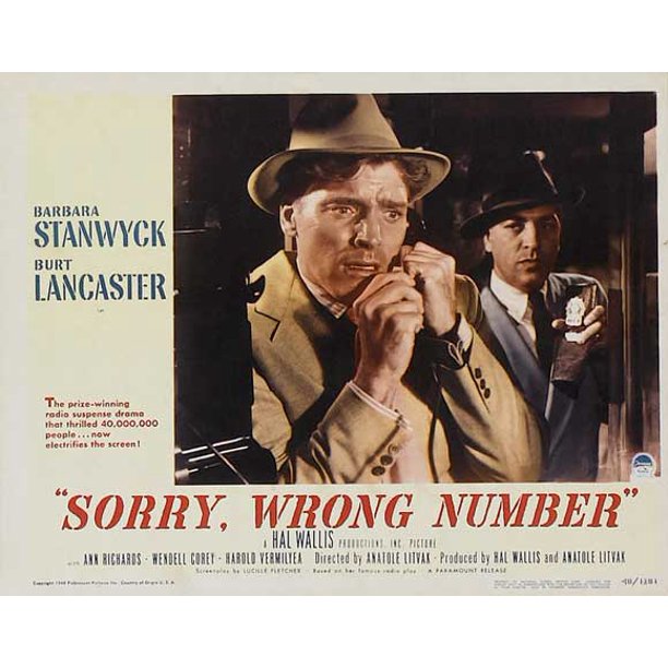 Sorry Wrong Number - movie POSTER (Style E) (11" x 14") - Walmart.com