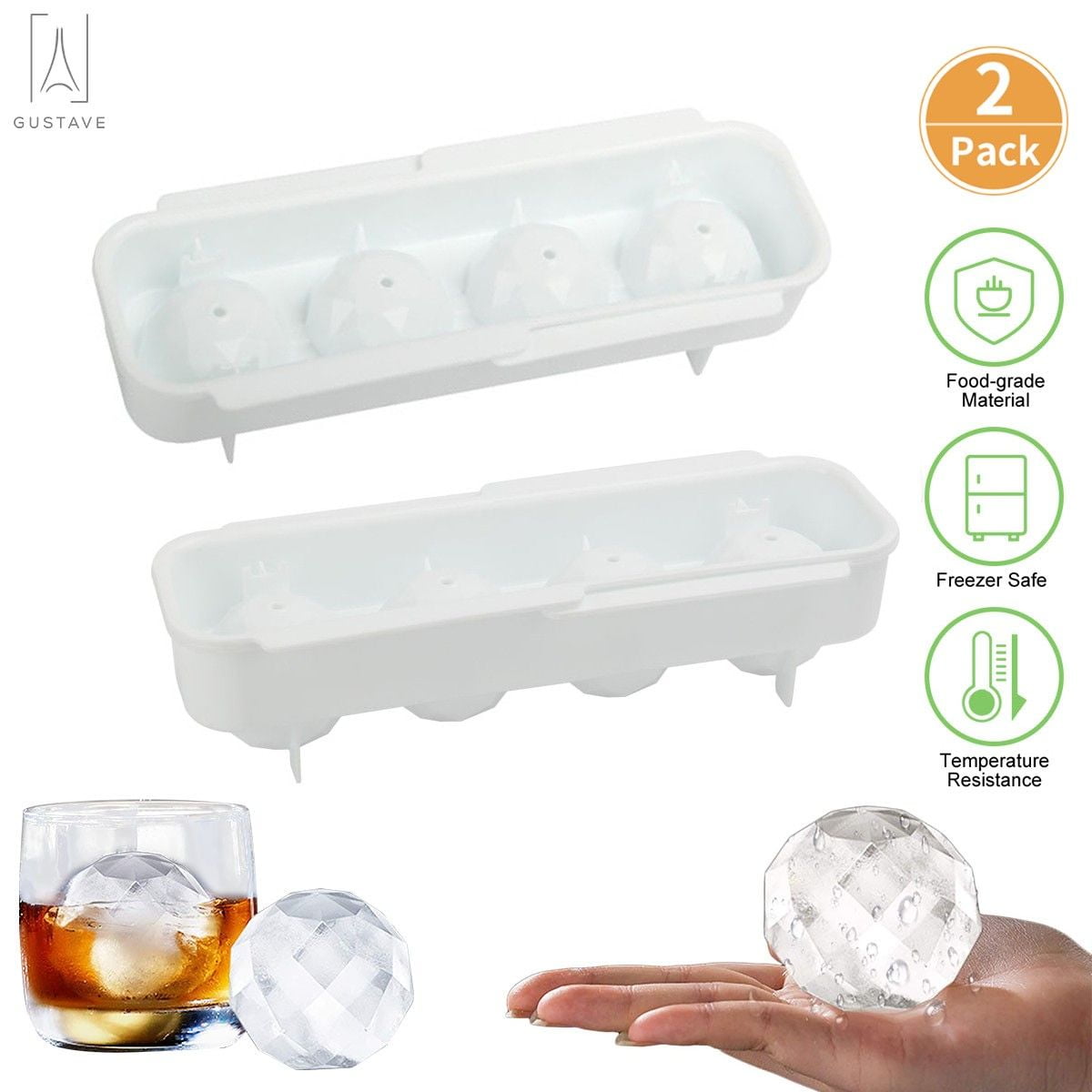 Gustave 2 Pack Ice Cube Tray Mold - Silicone Ice Ball Maker Round Ice ...