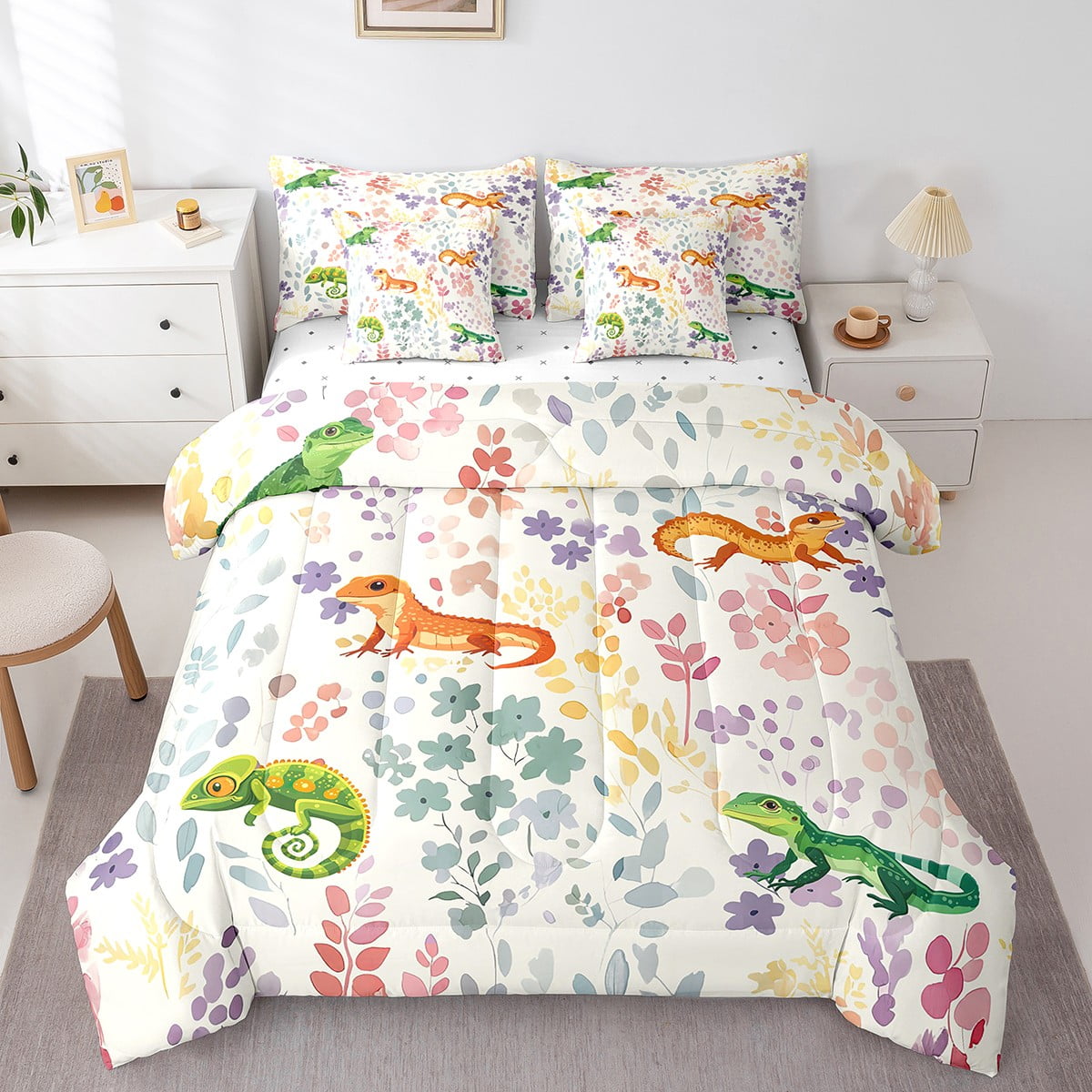 7 Piece Kids Reptile Lizard King Bedding Set,Cute Gecko Chameleon ...