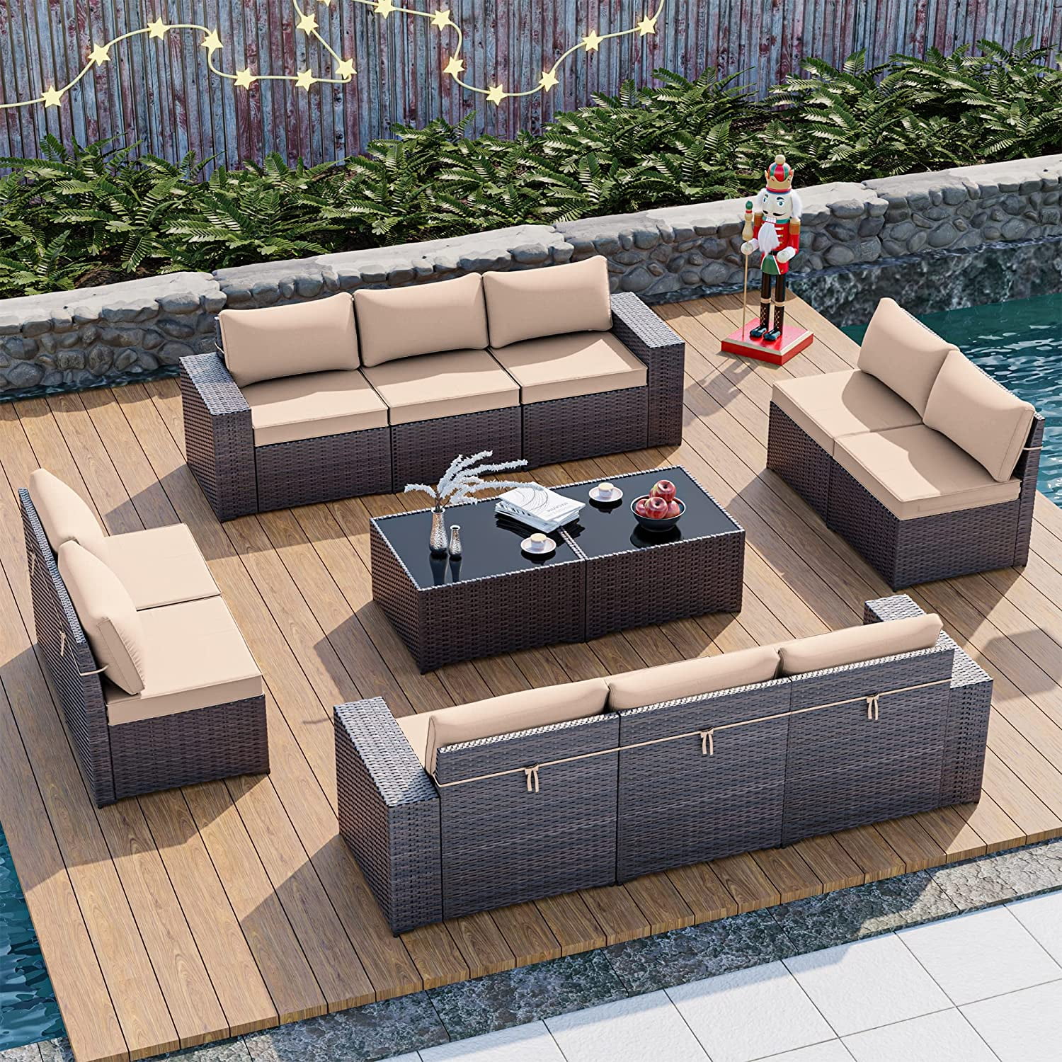 Gotland Large Modern 12-Piece Outdoor Patio Furniture Set: PE Rattan ...