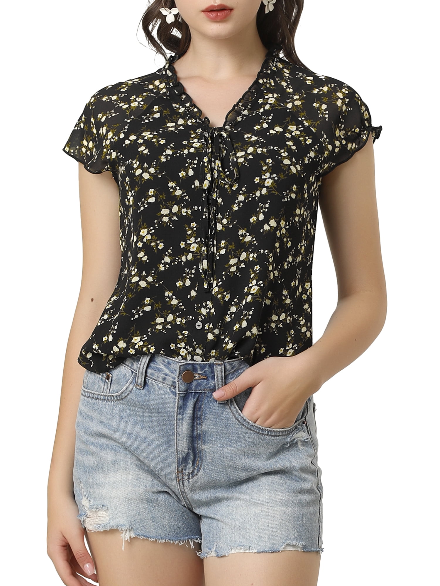 INSPIRE CHIC Valentine's Day Women's Floral Blouse Short Cap Sleeve ...