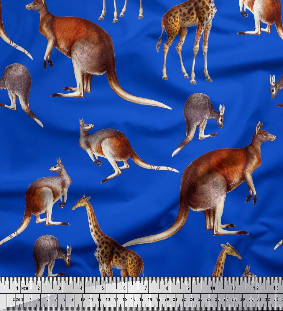 Soimoi Blue Silk Fabric Kangaroo & Giraffe Animal Print Fabric by the ...