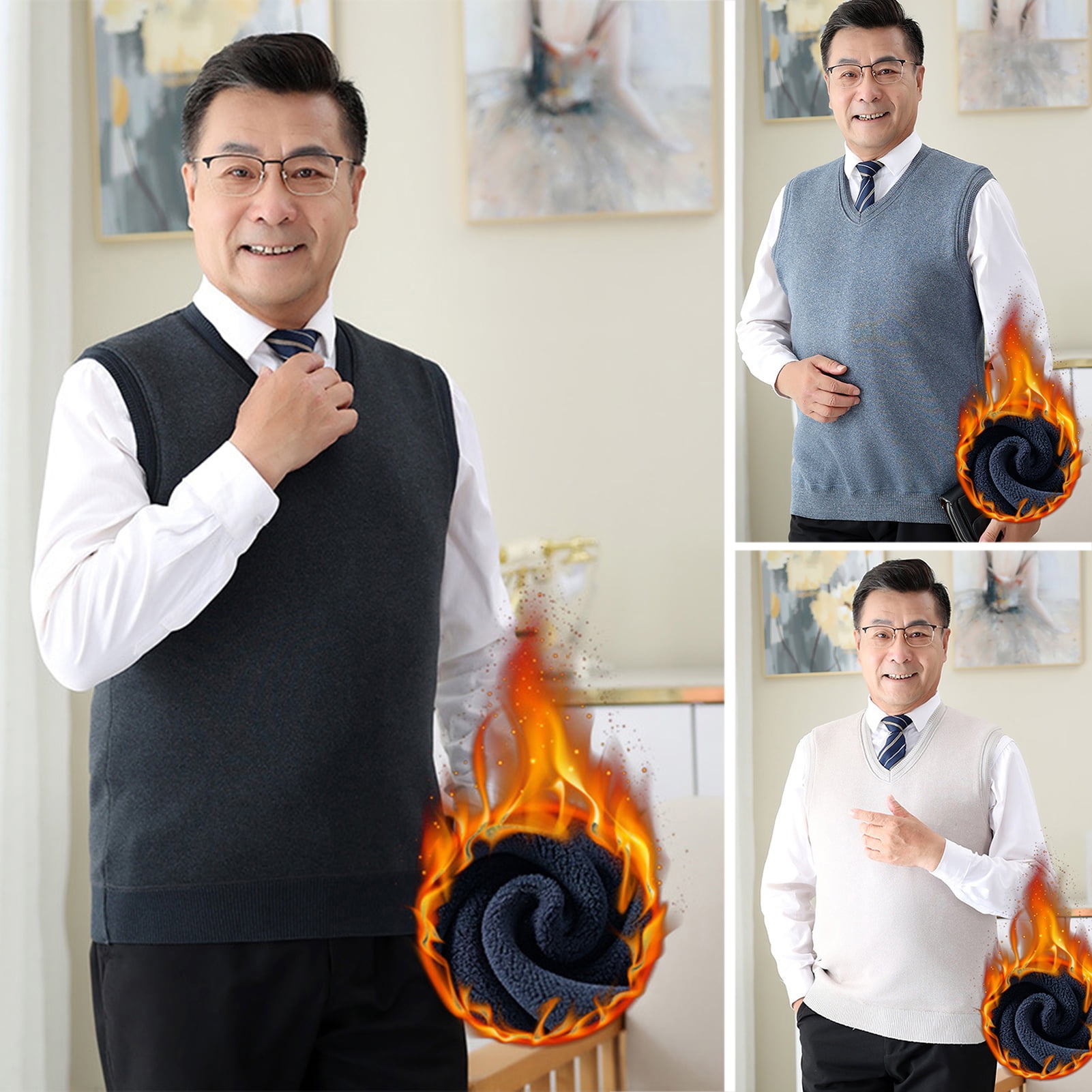 Father Autumn Vest Solid Color Sleeveless V Neck Pullover Knitting Warm ...