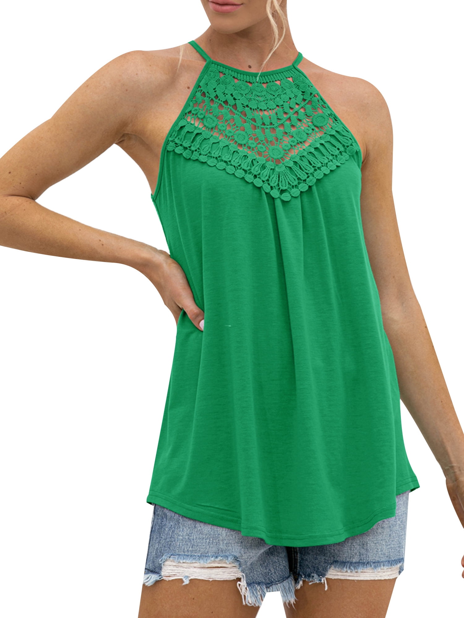 Enwejyy Summer Women Sexy Halter Top Solid Color Sleeveless Lace ...