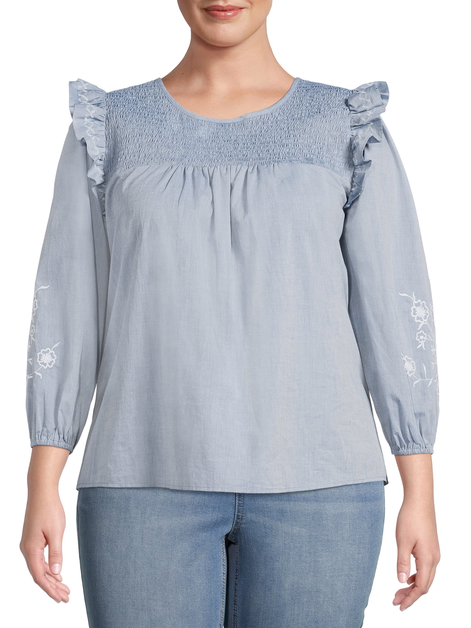 Terra & Sky Women's Plus Size Smocked Yoke Top with Ruffle Sleeves ...