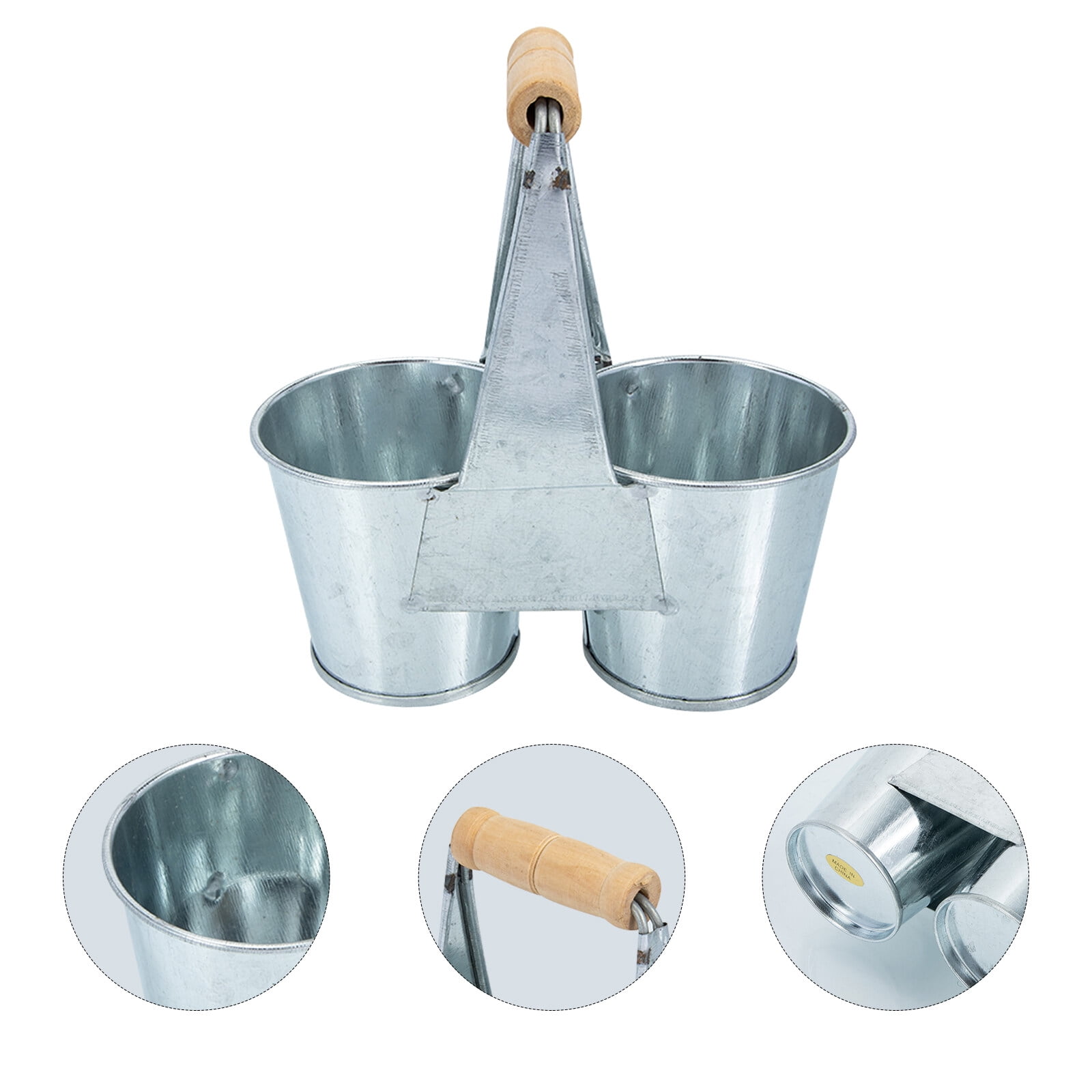 Metal Twin Flower Pot Wood Handle Double Compartment Rustic Iron Flower ...