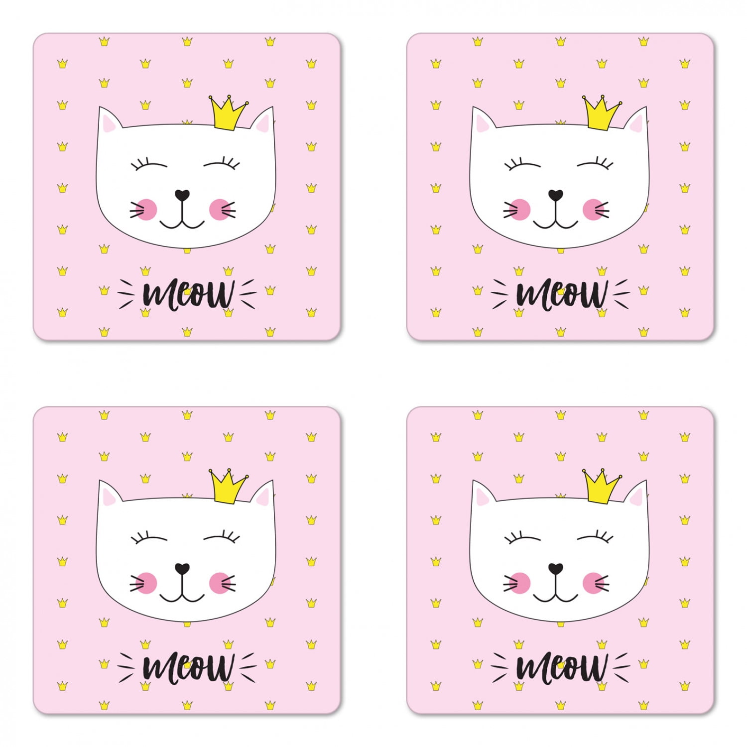 Cat Coaster Set of 4, Illustration of Meow Cursive Calligraphy with a ...