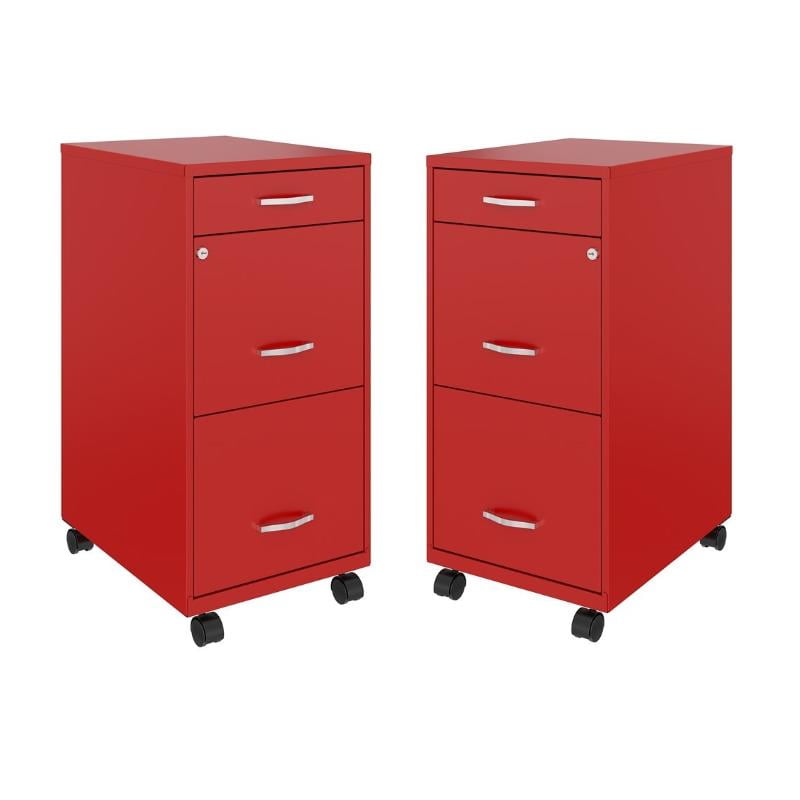Home Square 3 Drawer Mobile Metal Filing Cabinet Set in Red (Set of 2 ...