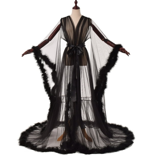 GRACEART Women Dressing Gown Perspective Sheer Long Robe Puffy Tulle ...