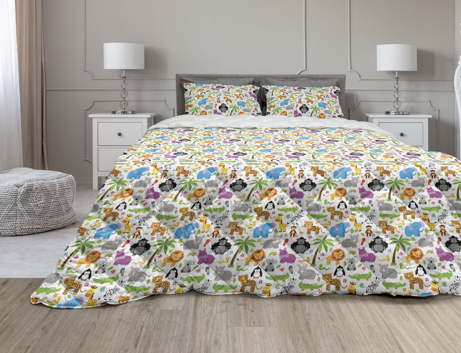 Cartoon Comforter & Sham Bedding Set, Various Types of Animals Drawn ...