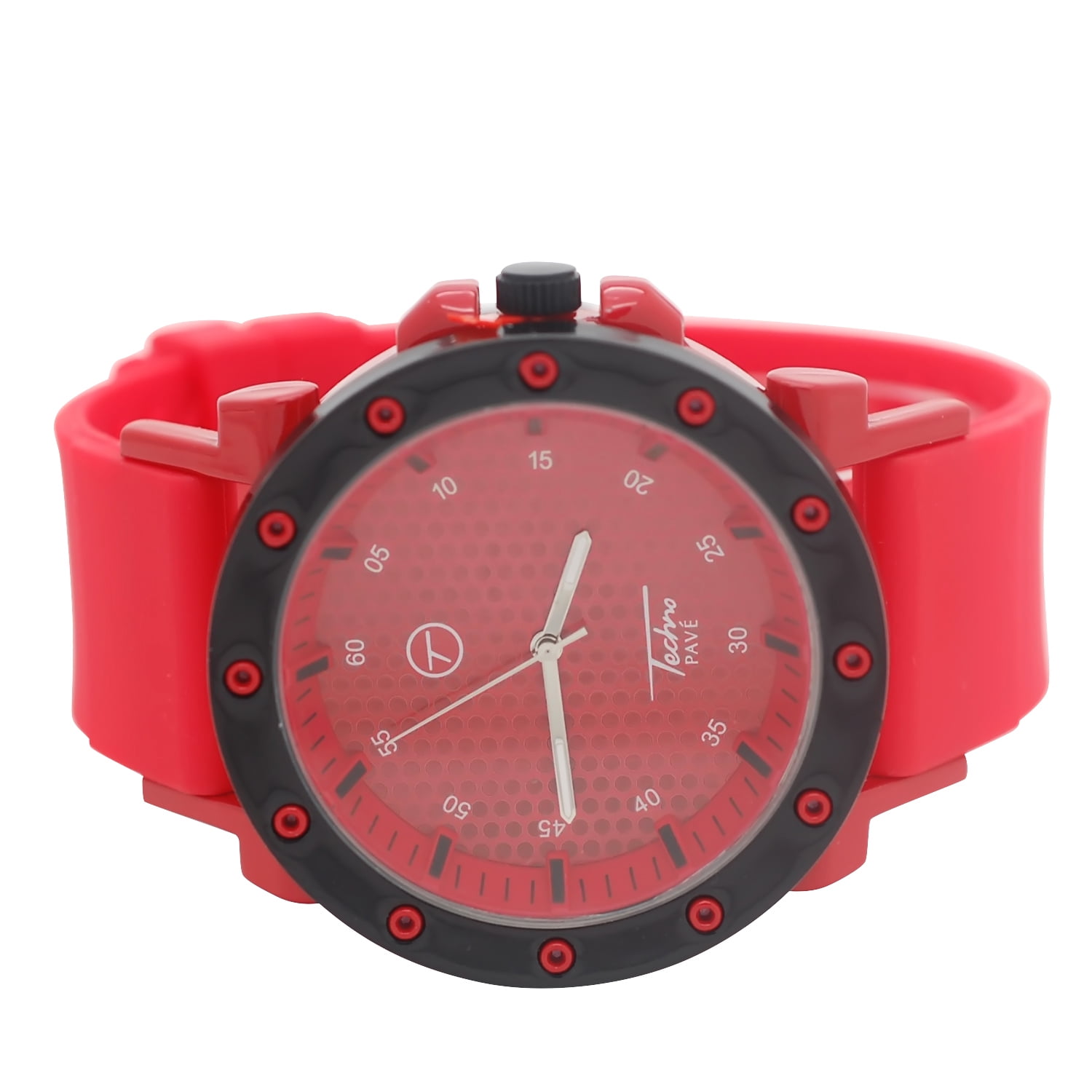 Mens Techno Pave Red Micro Screw Embedded Black Bezel Quartz Watch with ...