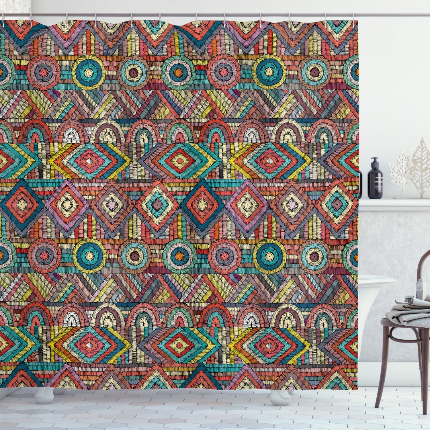 Aztec Shower Curtain, Vibrant Folk Embroidery Style Cultural Geometric ...