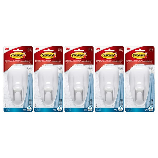 3M Command Large Bathroom Hook Water Resistant Adhesive, 5 Pack ...