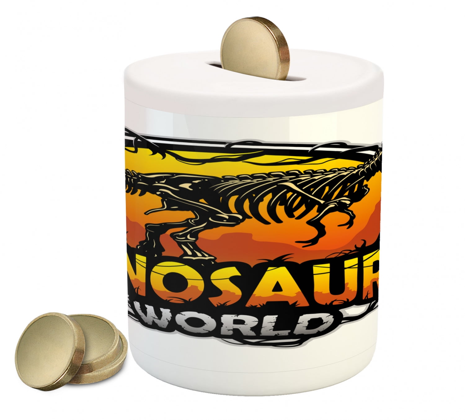 Dinosaur Piggy Bank, Dinosaurs World Emblem with Tyrannosaur Skeleton ...