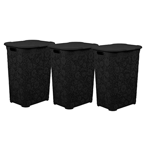 Superio 50L Large Lace Plastic Laundry Hamper with Lid - Black (3 Pack ...