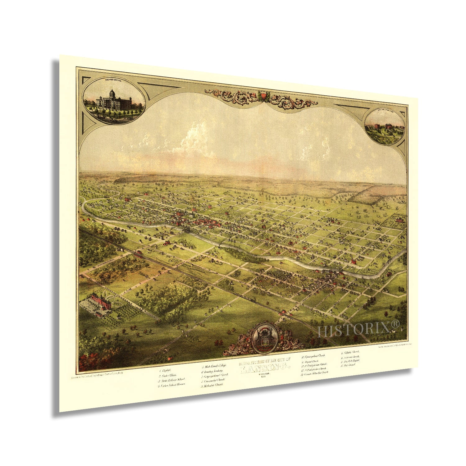 1886 Lansing Michigan Map Poster - Lansing Michigan Vintage Map - Bird ...