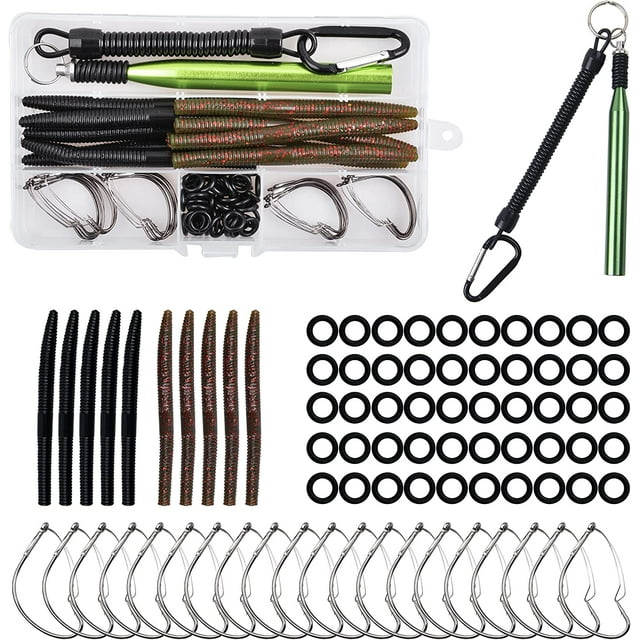 Wacky Rig Worm Hooks Fishing Tool Kit, 81PCS Fish Worm O Rings Set ...