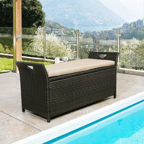 Patio Storage Bench, Outdoor Wicker Deck Box, PE Rattan Patio Furniture ...
