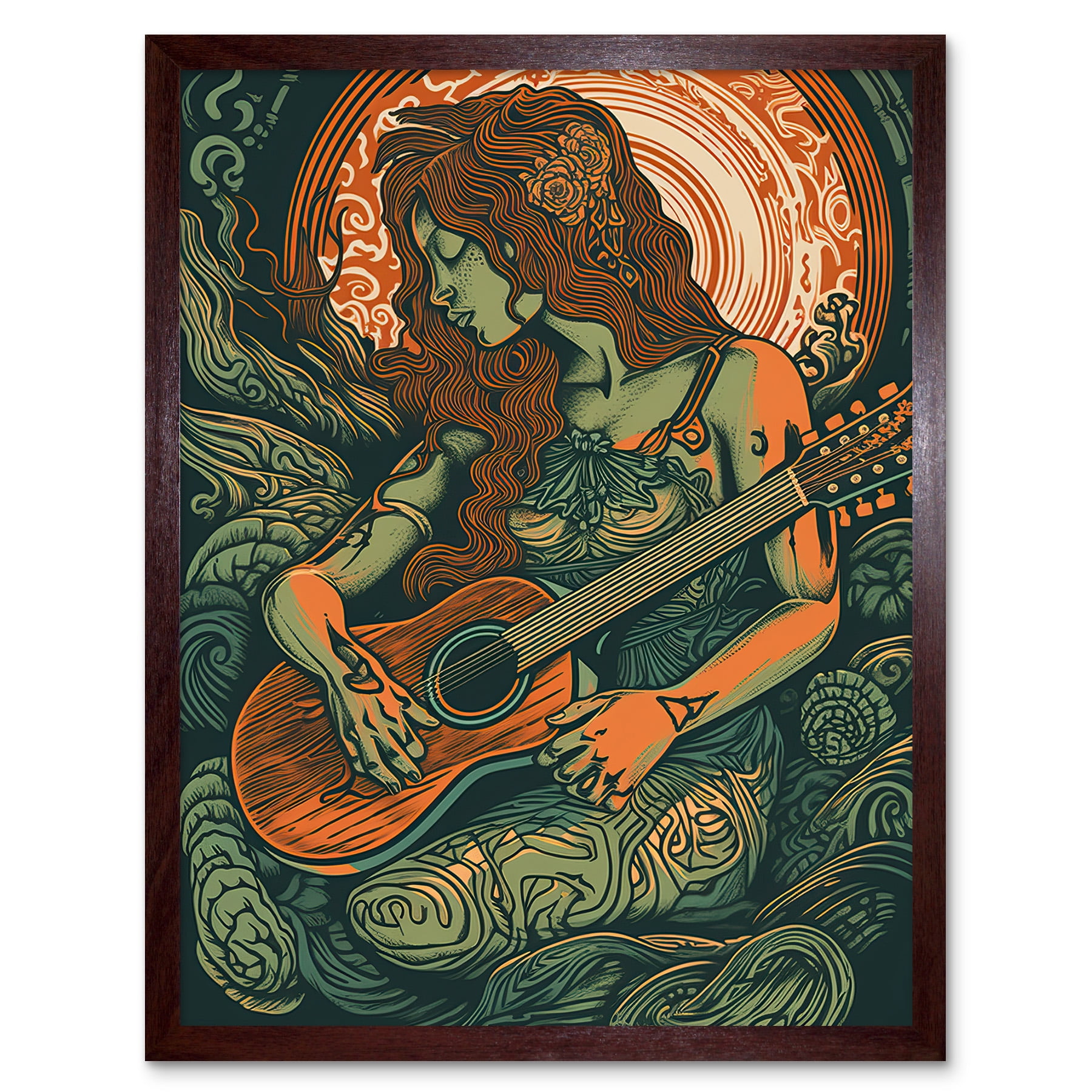 Melancholic Woman with Guitar Linocut Illustration Art Print Framed ...
