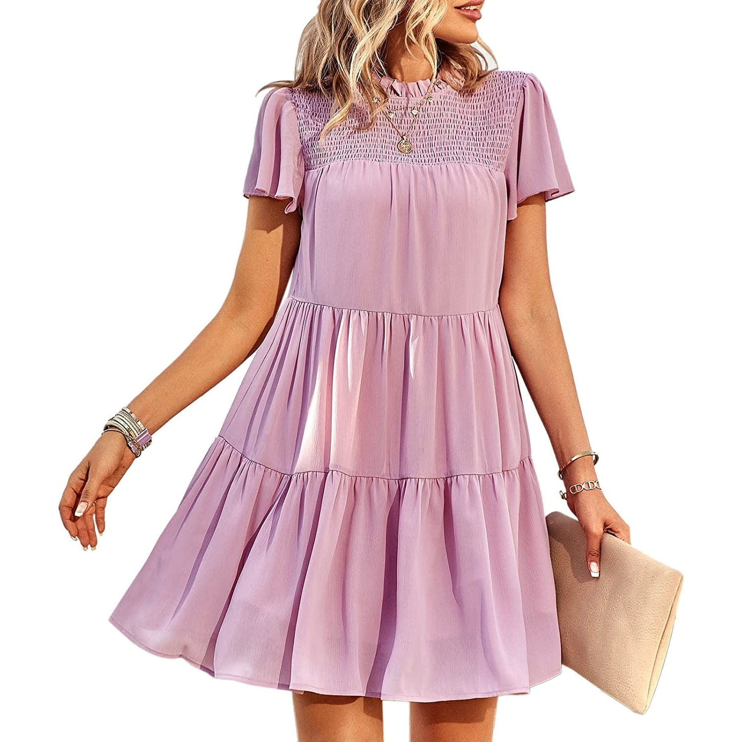 Womens Ruffle Short Sleeve Pleated Tiered Mini Dress Smocked Babydoll ...