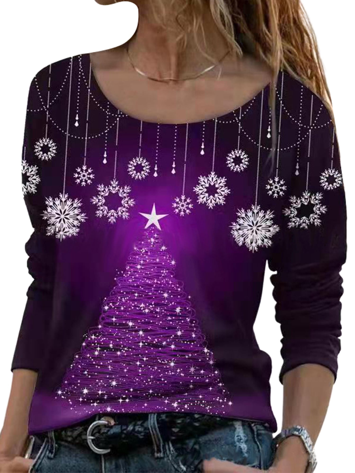 Frontwalk Christmas Print Tops for Women Baggy Long Sleeve Fashion ...