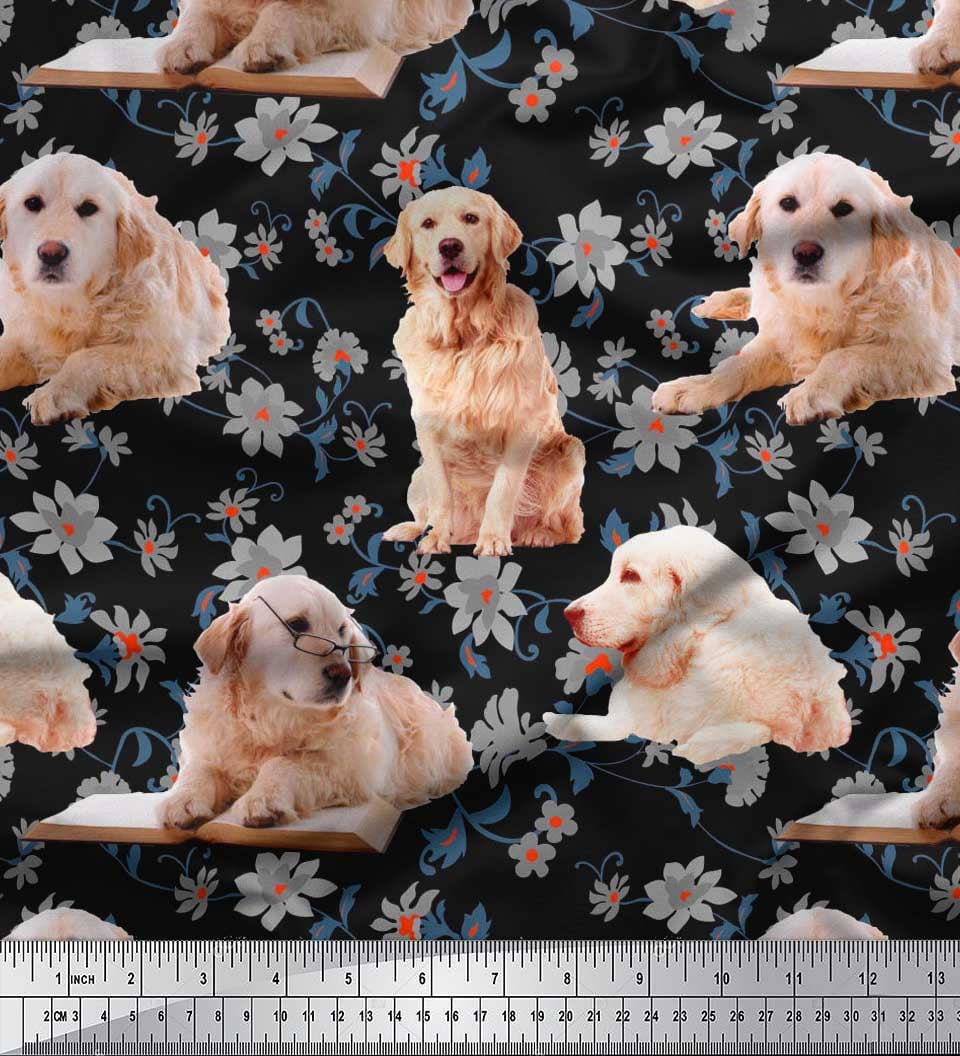 Soimoi Silk Fabric Floral,Book & Golden Retriever Dog Print Fabric by ...