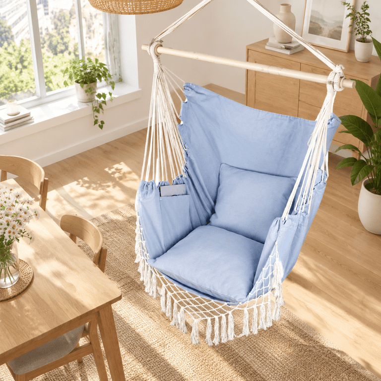 Blue/White XX-Large Hanging Hammock Chair Swing with Cushions and ...