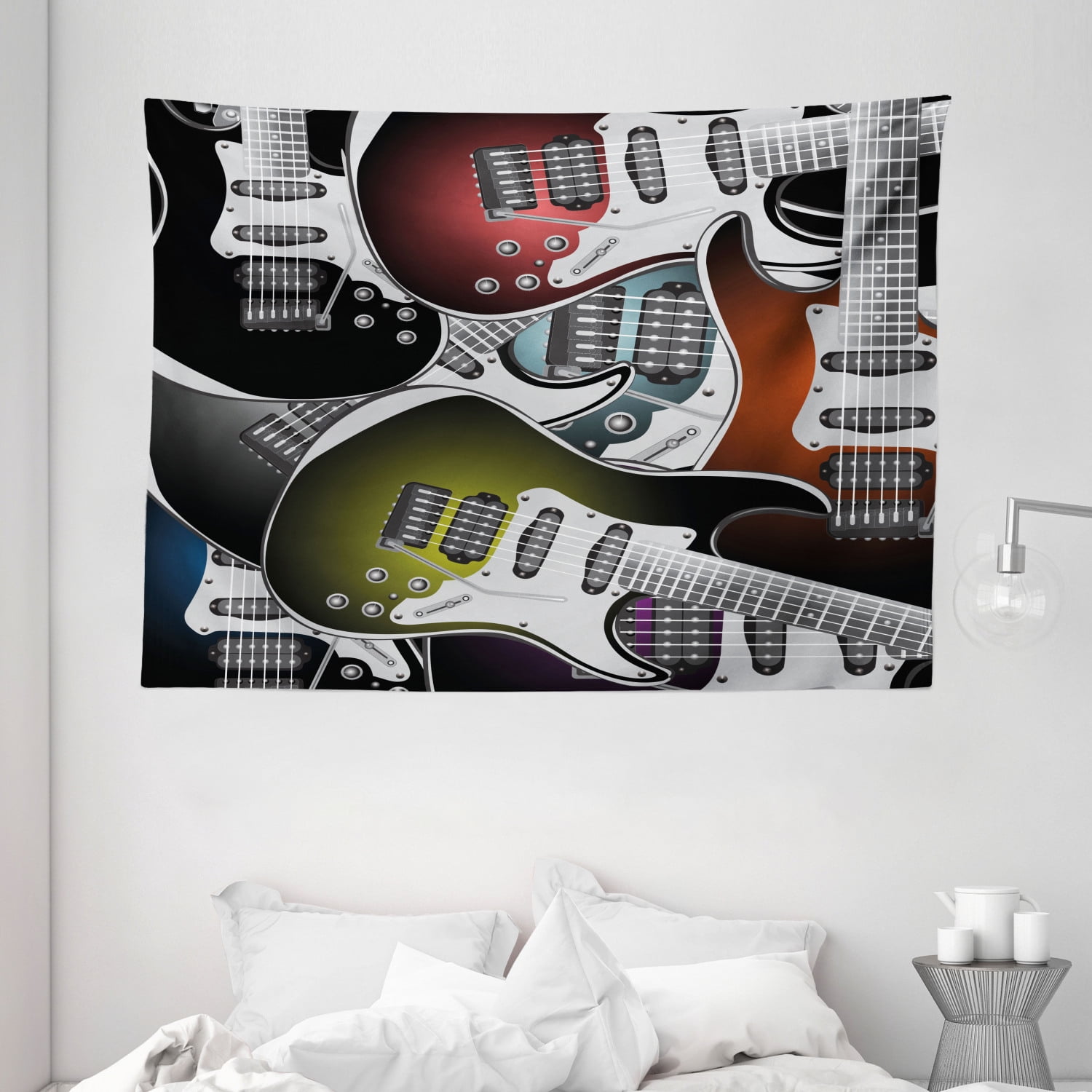 Popstar Party Tapestry, Pile of Graphic Colorful Electric Guitars Rock ...