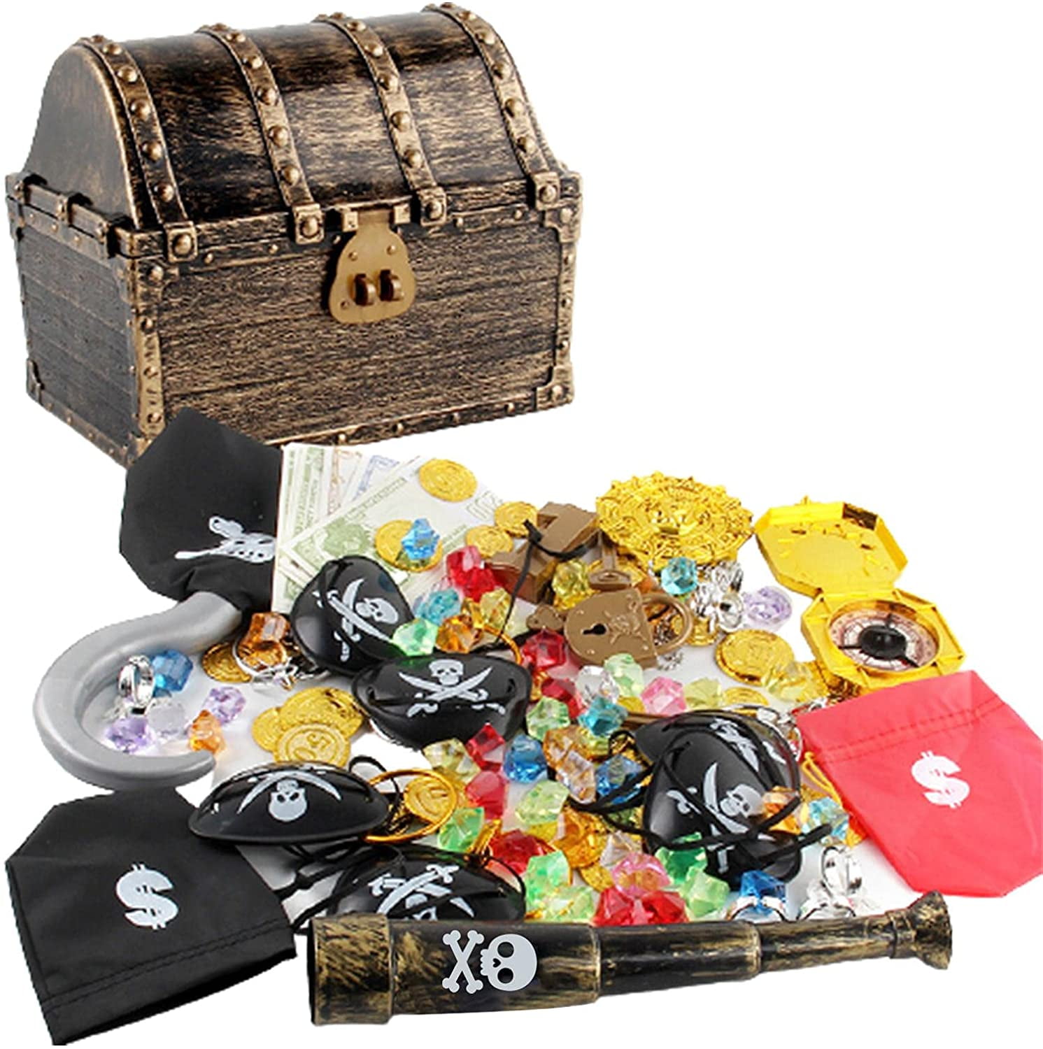 Kids Pirate Chest Toy Box, Retro Pirate Treasure Boxes with Lock,Gems ...