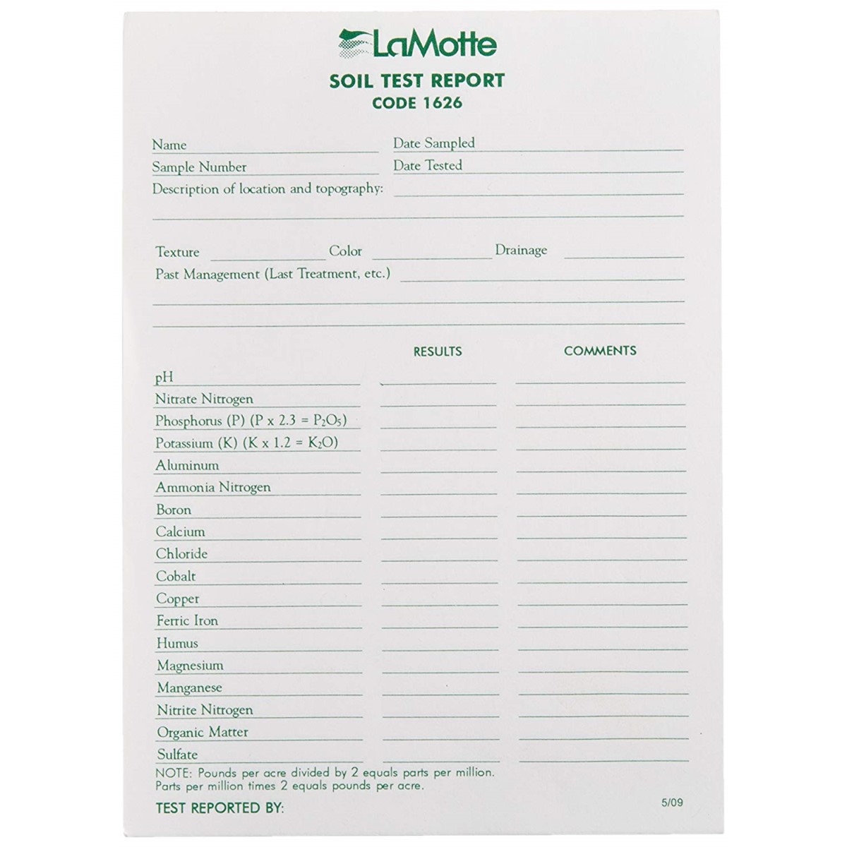 1626 - Lamotte 1626 SOIL TEST REPORT FORM (50/PAD) - Walmart.com