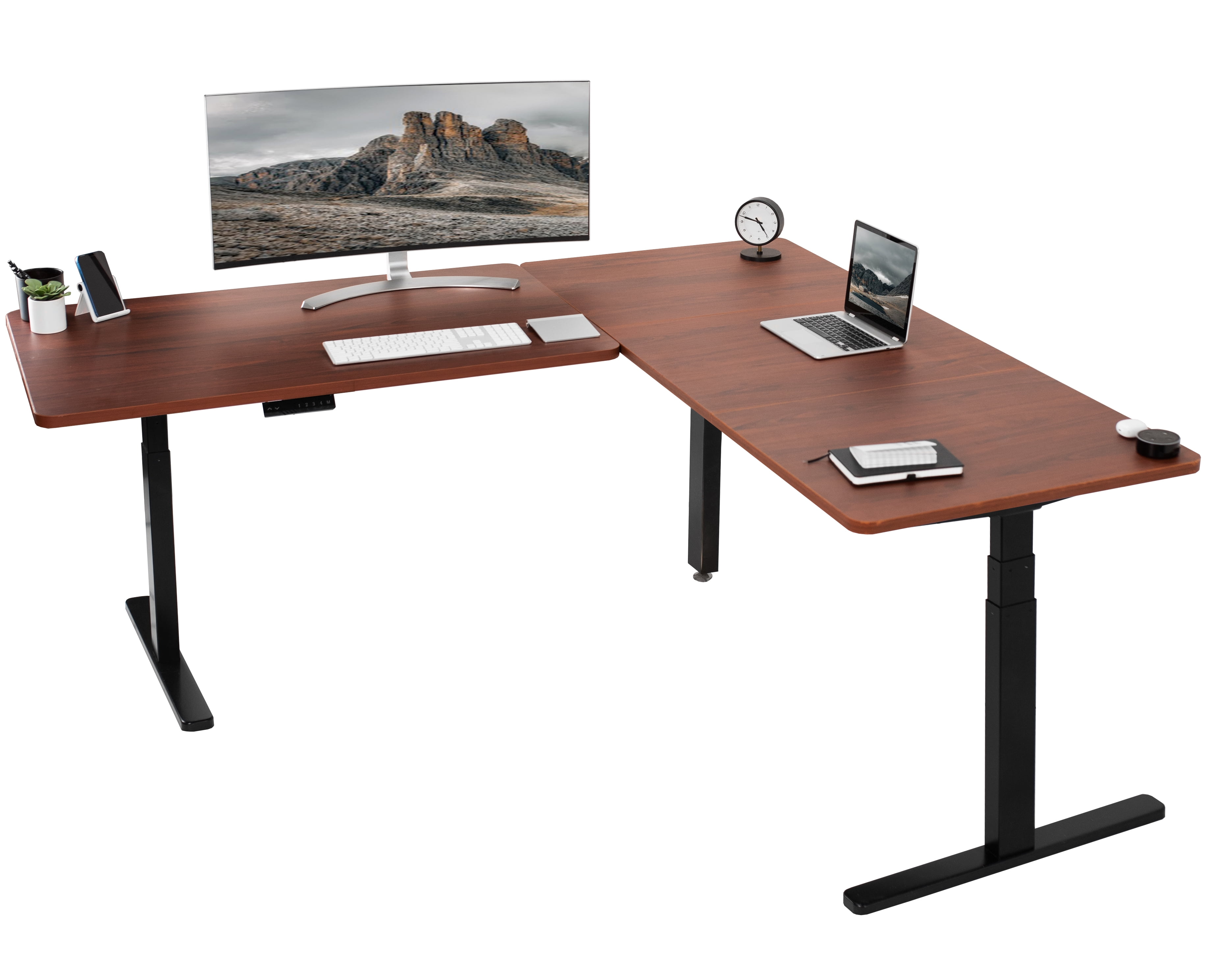 VIVO Electric 77" x 71" Corner Desk, Dark Walnut Table Tops, Black ...