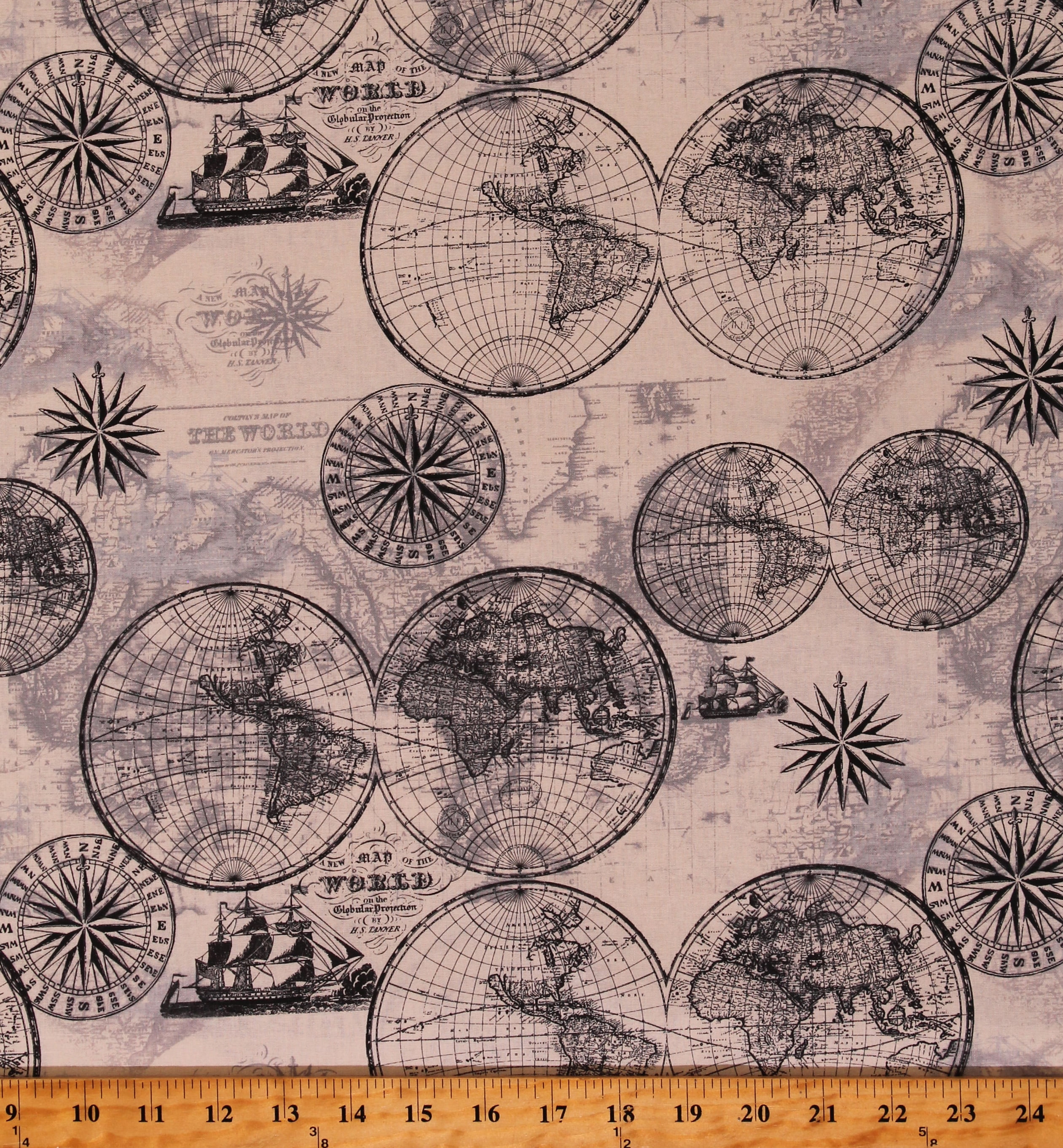 Cotton World Maps Compasses Land Oceans Seas States Provinces Travel ...