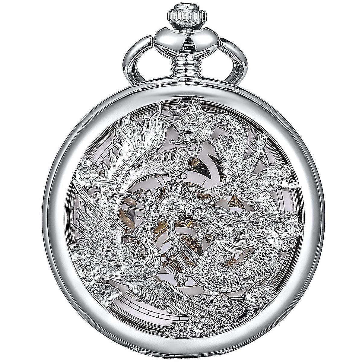 Retro Men's Pocket Watch With Chain, Analogue Hand Winding Dragon ...