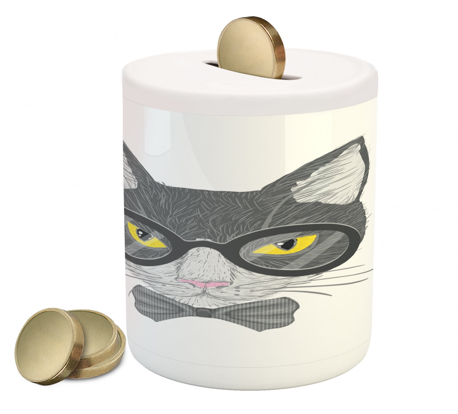 Geek Piggy Bank, Hand-Drawn Cat Illustration in Greyscale Color with ...