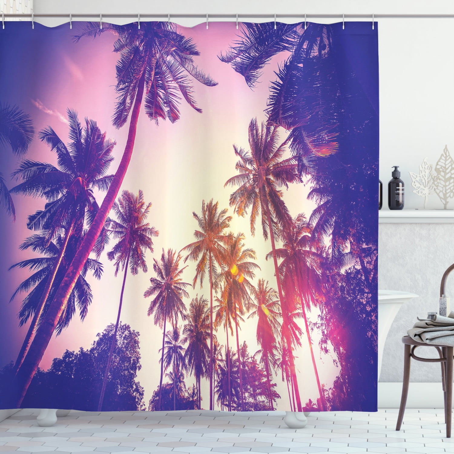 Ambesonne Palm Tree Shower Curtain, Tropic Island Sunset, 69"Wx70"L ...