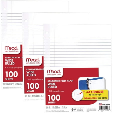 Mead Loose Leaf Paper, Filler Paper, Reinforced, Wide Ruled, 100 Sheets ...