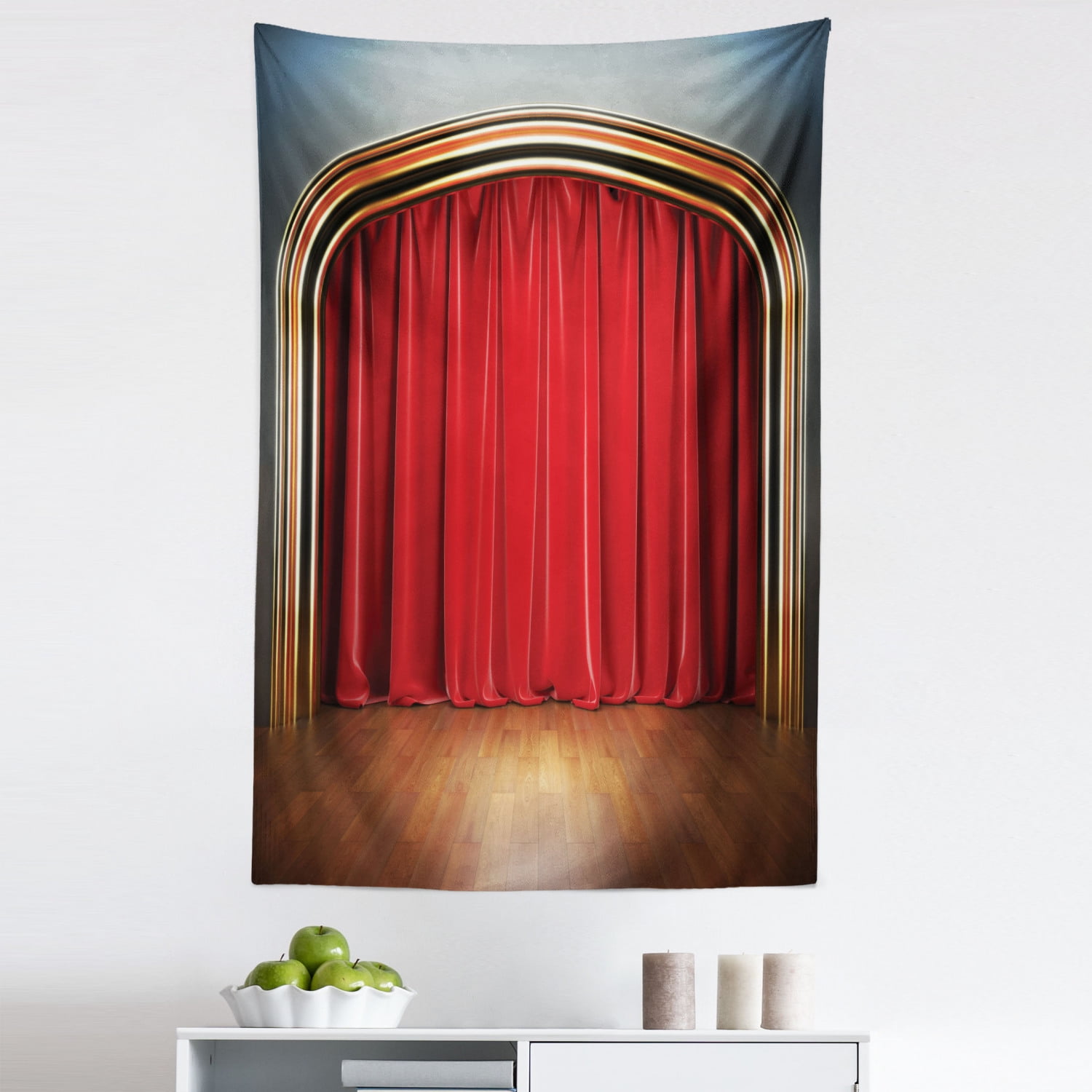 Theatre Tapestry, Show Stage with Classic Curtains Wooden Plank Floors ...