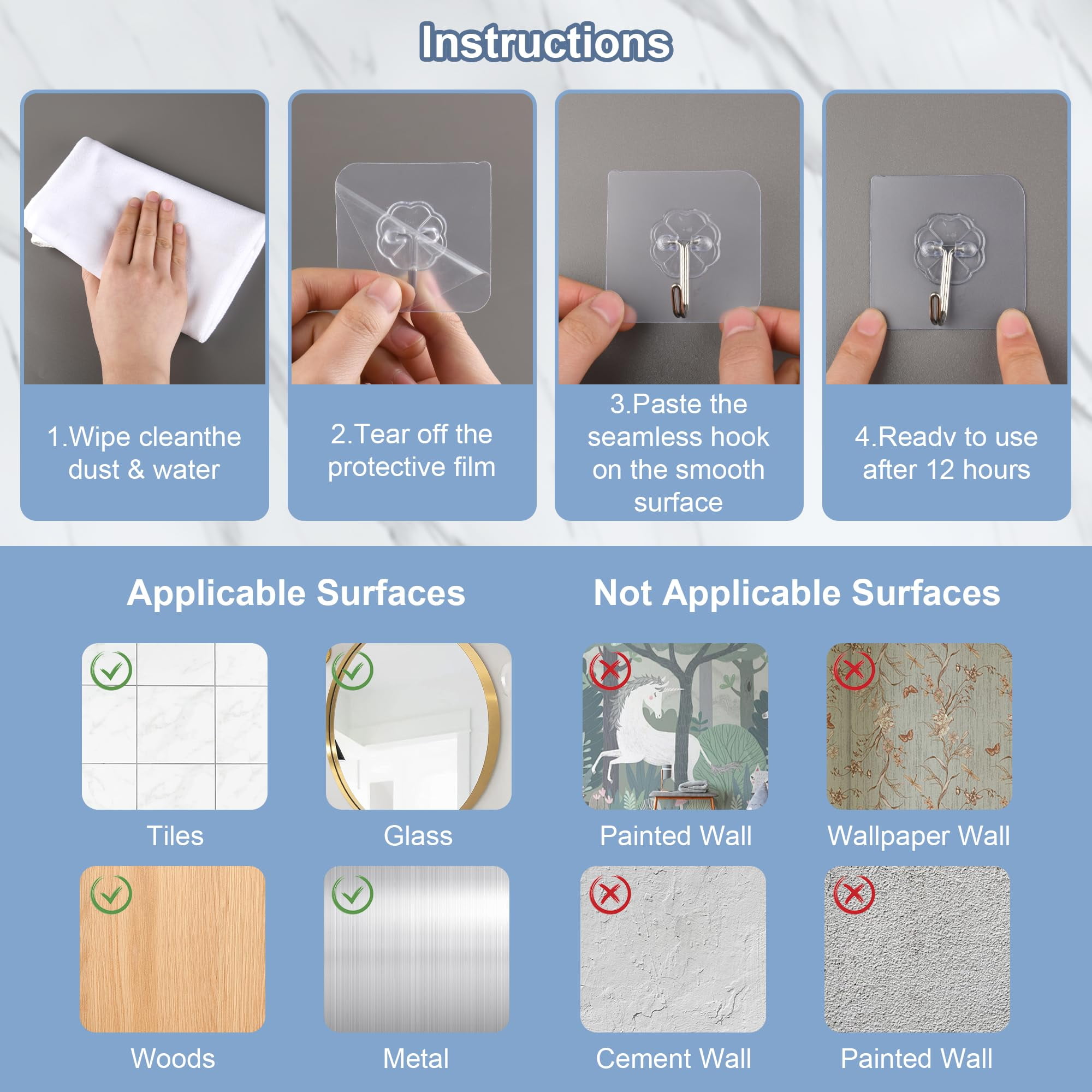Clear Wall Hangers 10-Pack Heavy Duty Adhesive Hooks - 33lbs Capacity ...