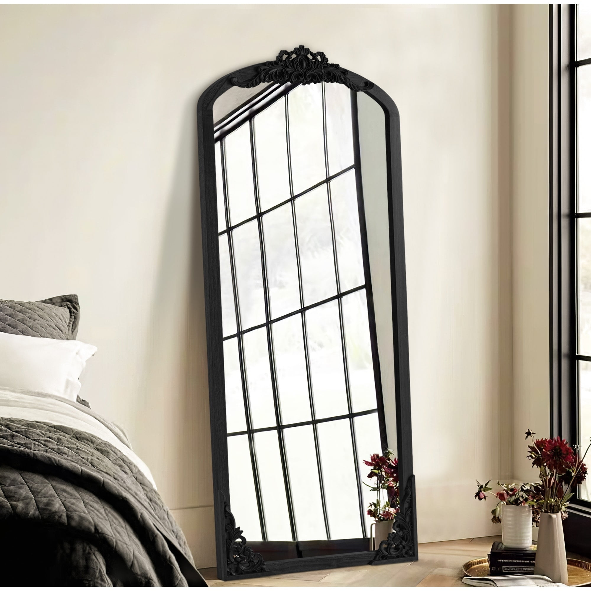 Arched Full-Length Rustic Solid Wood Carving Floor Mirror 64x21 - Black ...