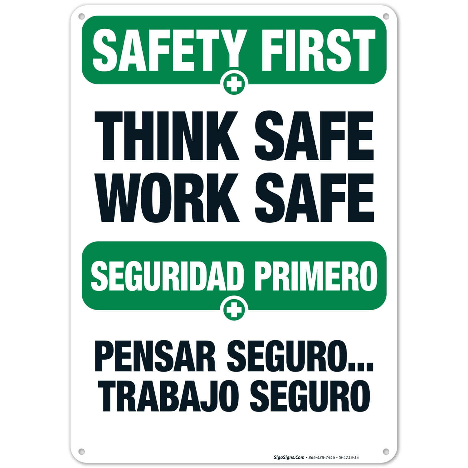 Think Safe Work Safe Bilingual Sign, OSHA Safety First Sign, - Walmart.com